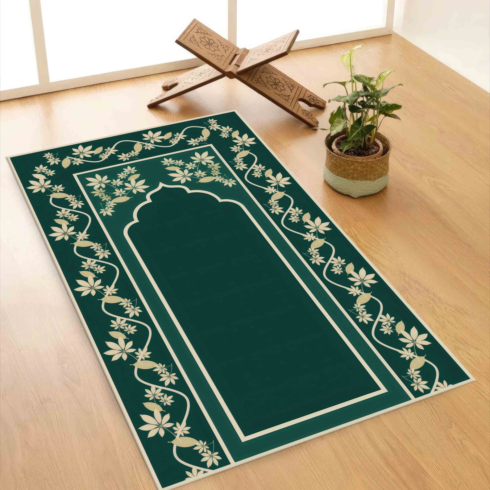 Green Floral Prayer Rug: Islamic Worship Mat, Mosque Decor - Etsy