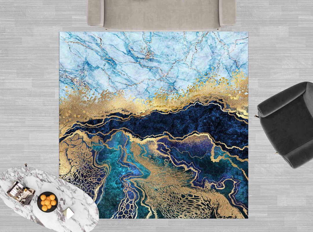 Abstract Blue and Gold Marble Rugs, Modern Marble Rugs, Blue Marble ...