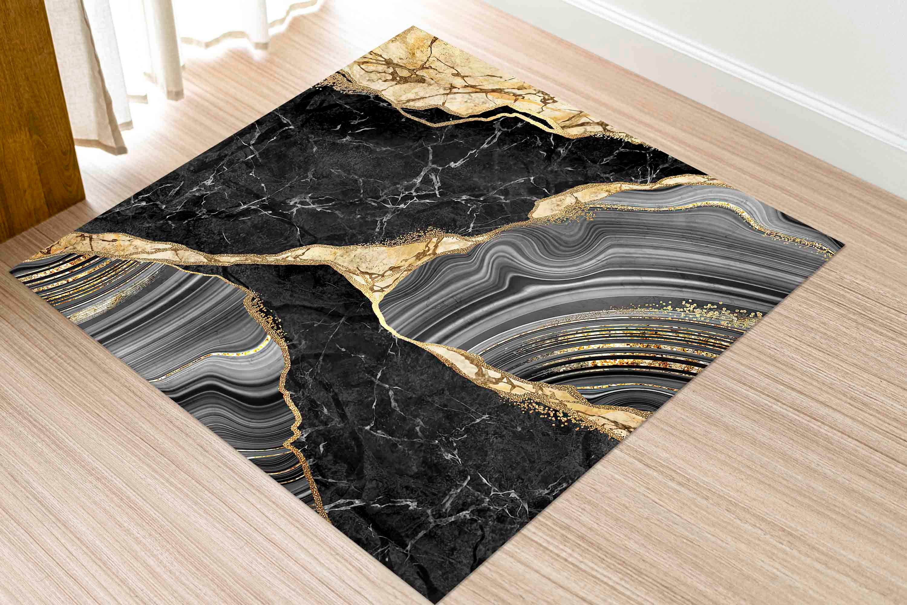 Black and Gold Marble Rug, Vlack Marble Rug, Gold Marble Rug, Modern ...