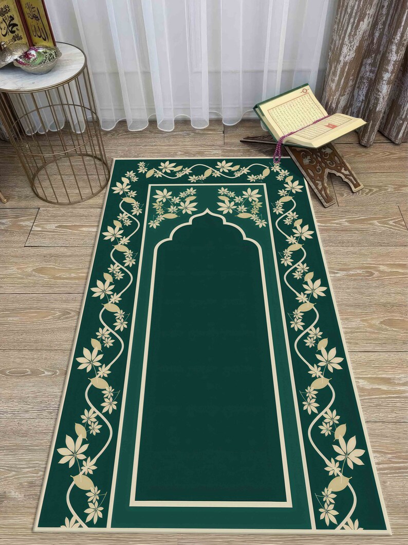 Green Floral Prayer Rug: Islamic Worship Mat, Mosque Decor - Etsy