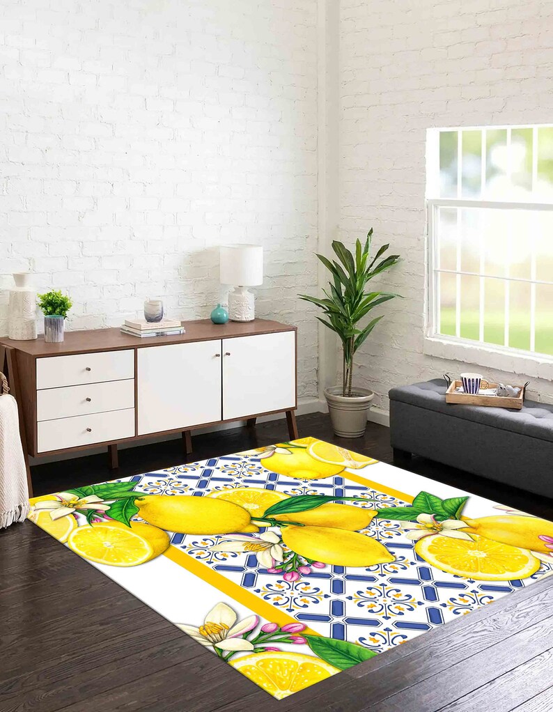 Lemon Kitchen Rug: Patterned Accent Rug, Easy Clean - Etsy