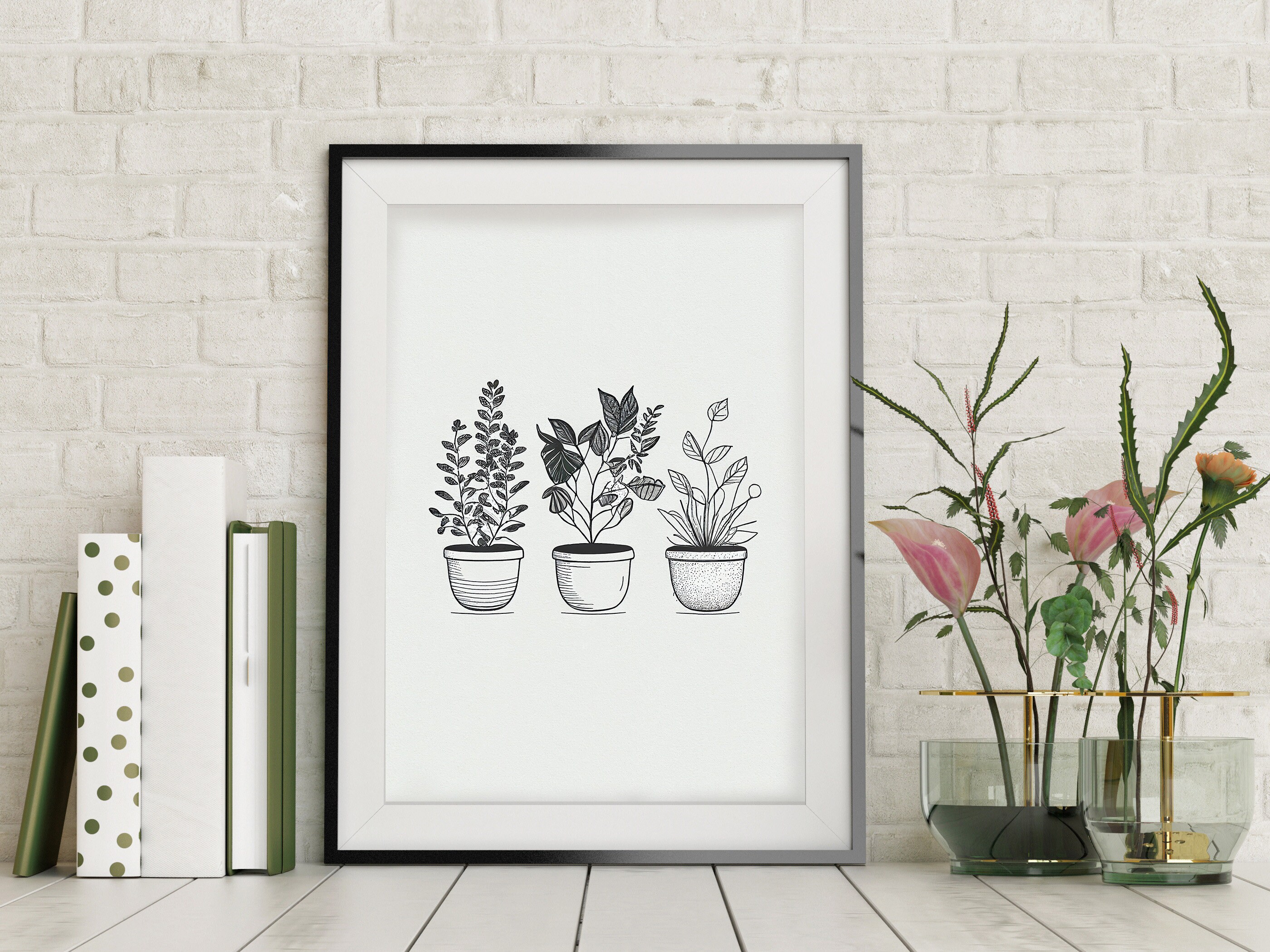 Three Pot Plants Sketch. Digital Print. - Etsy