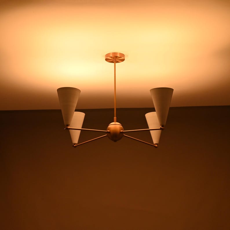 Mid Century Cone Chandelier | 4 Light White Shade Pendant | Brass ...