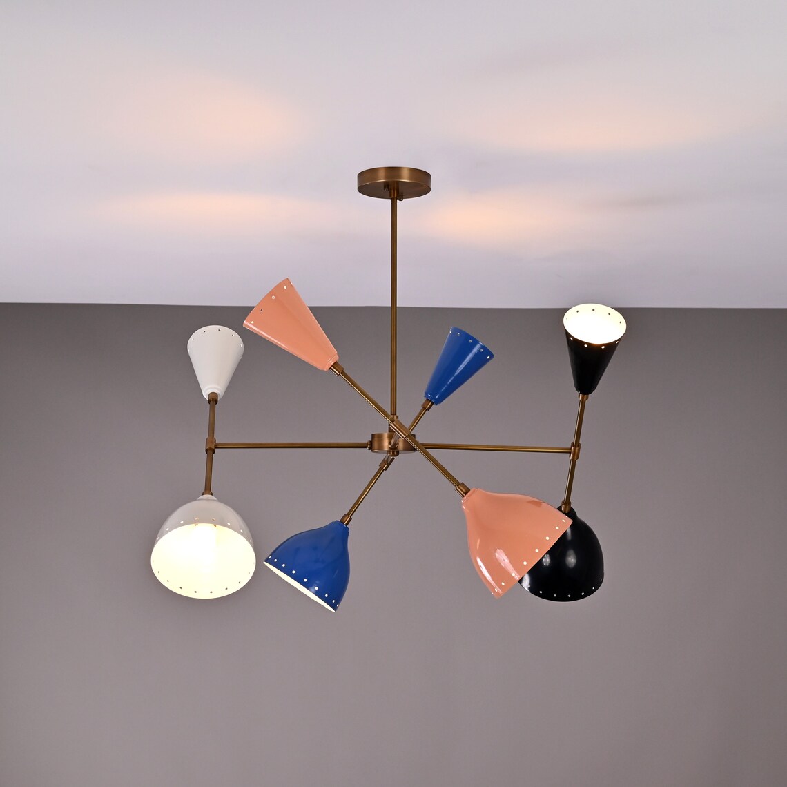 8 Lights 4 Arms Brass Pendant Lamp Diabolo Style Colorful Mid Century ...