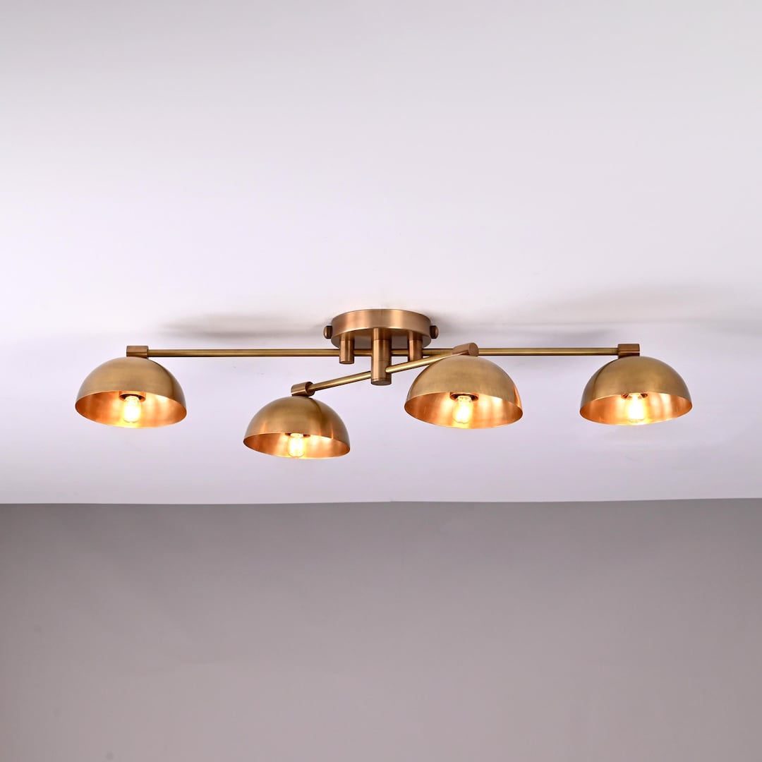 Brass Flush Mount Chandelier | 4 Light Ceiling Fixture | Mid Century ...