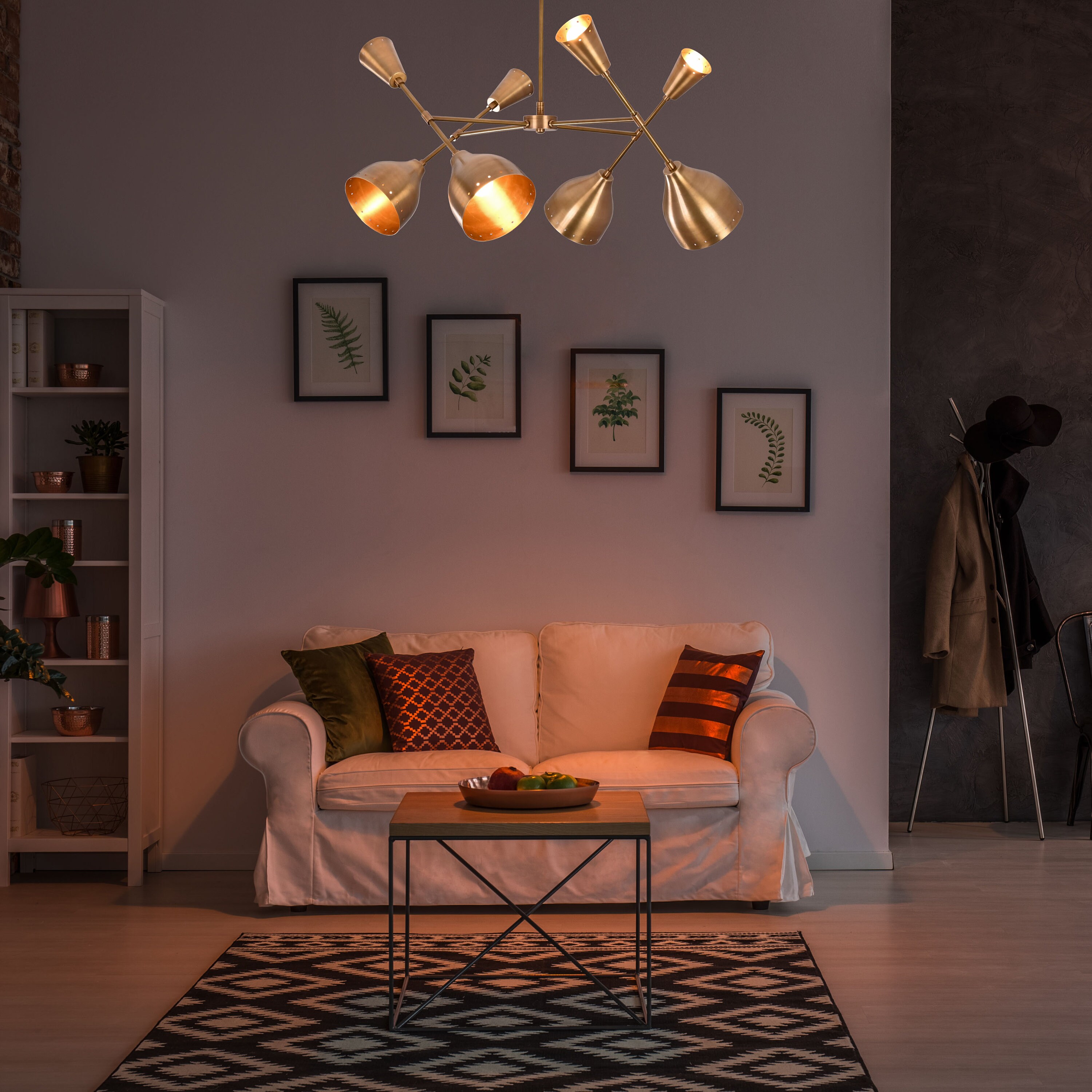 8 Light 4 Arms Pure Brass Pendant Lamp Modern Diabolo Style Mid Century ...