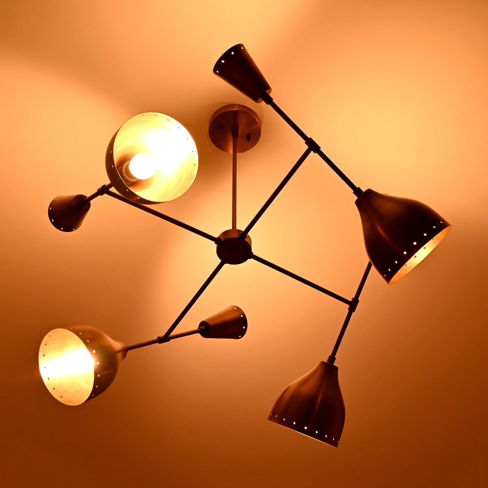 8 Light 4 Arms Pure Brass Pendant Lamp Modern Diabolo Style Mid Century ...