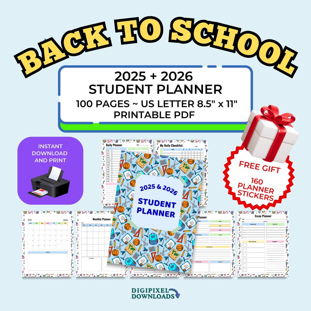 2025-2026 Student Planner: Printable PDF With Stickers (US Letter Size ...