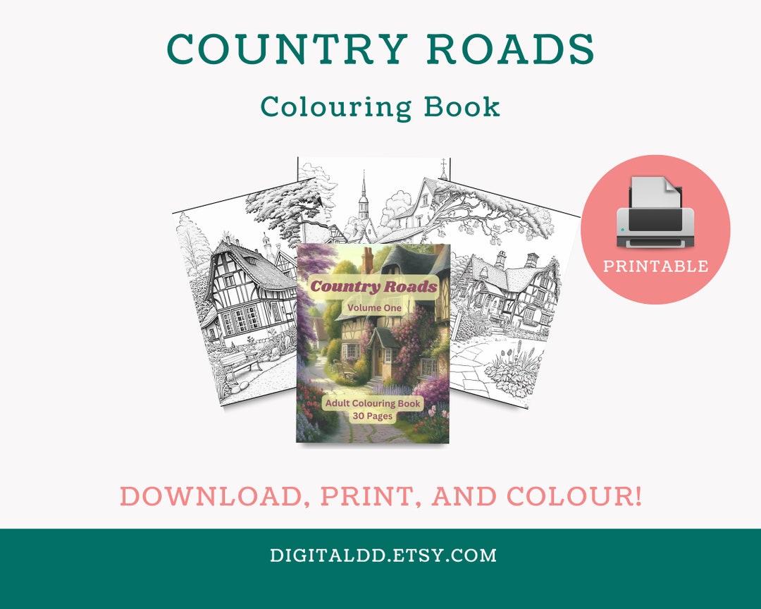 Country Roads Colouring Book Printable, Houses Architecture, Digital ...
