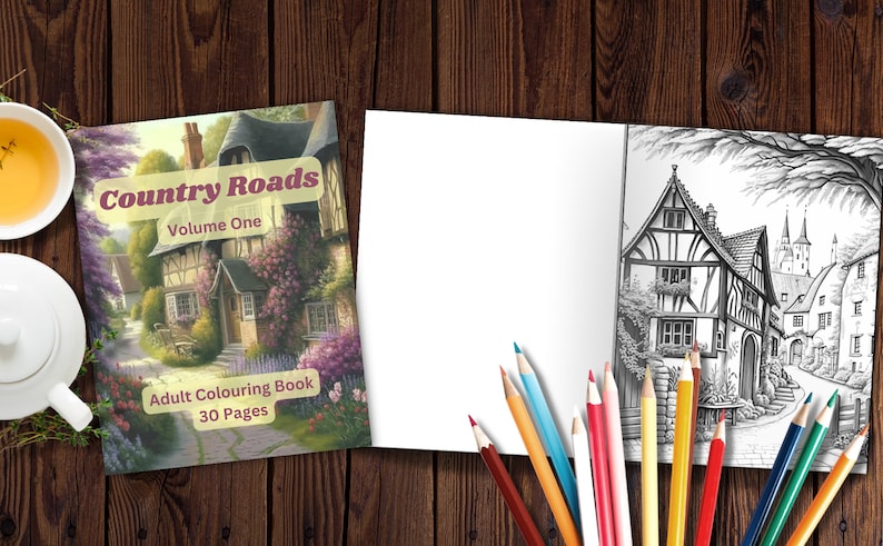 Country Roads Colouring Book Printable, Houses Architecture, Digital ...