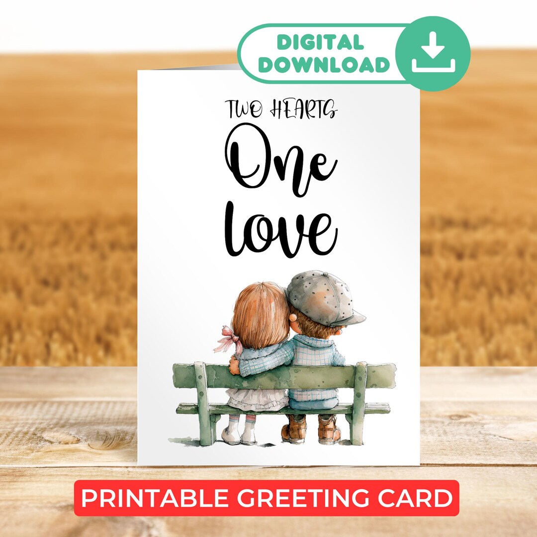 Printable Love Card, Cute Anniversary Gift, Two Hearts One Love Couple ...