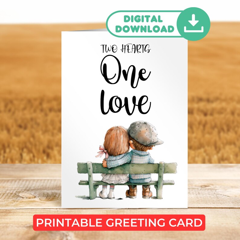 Printable Love Card, Cute Anniversary Gift, Two Hearts One Love Couple ...