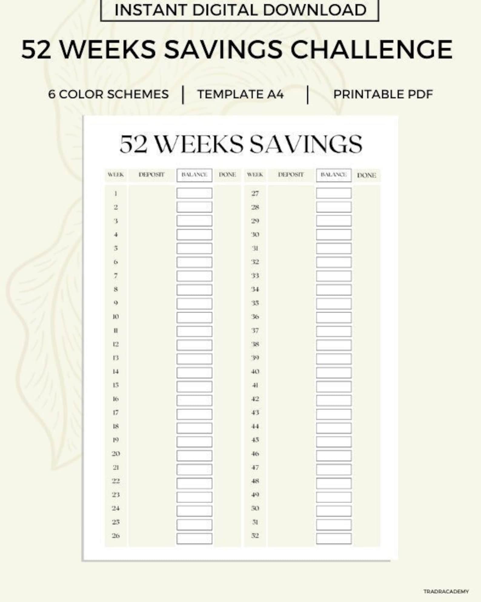 52 Week Savings Challenge printable PDF, Savings Challenge, 52 Week Savings Tracker, Money ...