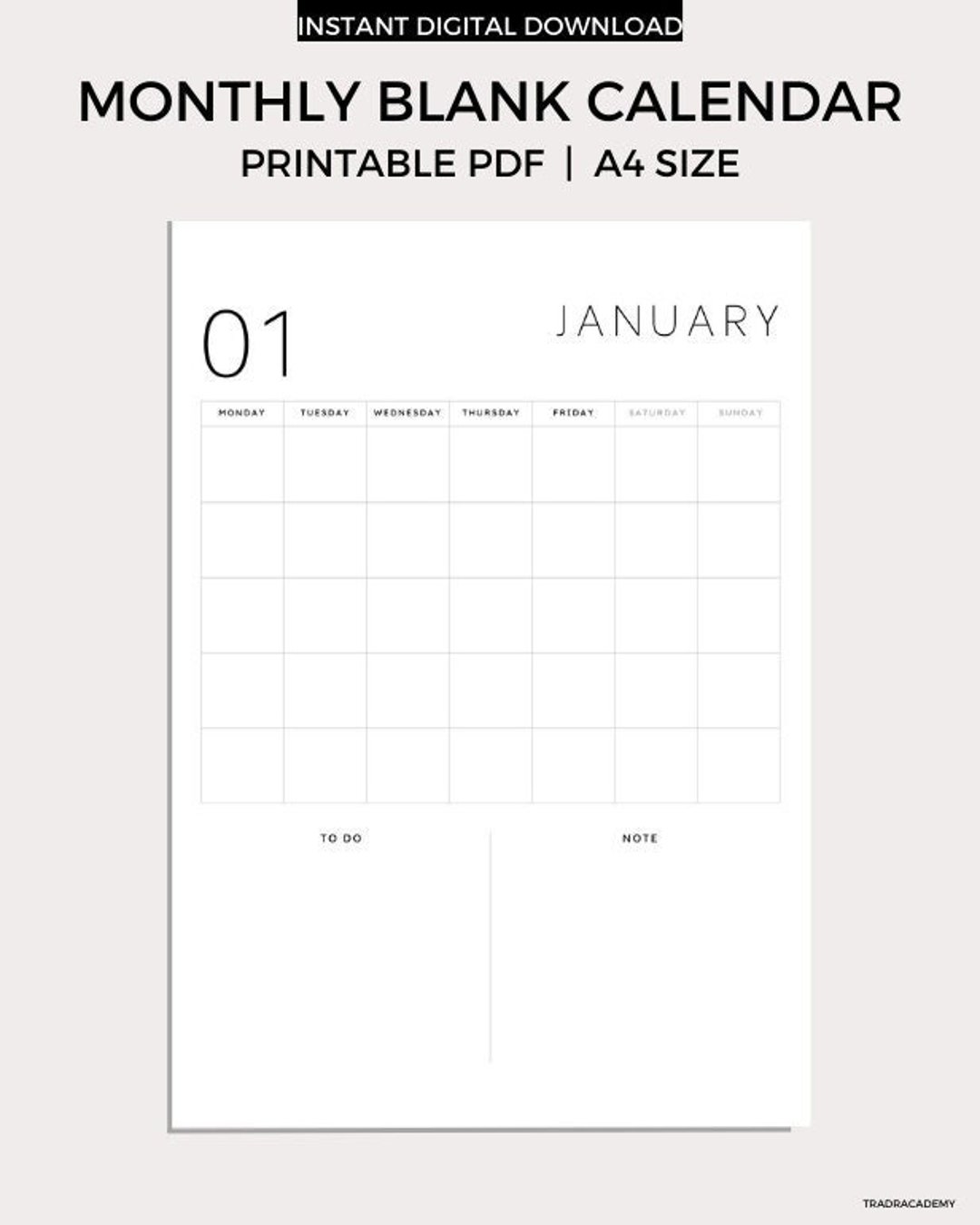 Monthly Calendar Landscape, Printable Calendar, Year Calendar ...