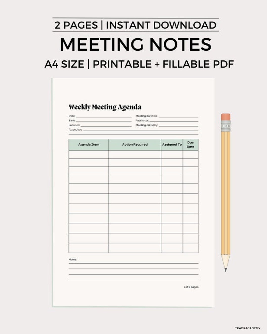 Meeting Notes Template Printable, Meeting Minutes, Meeting Agenda ...