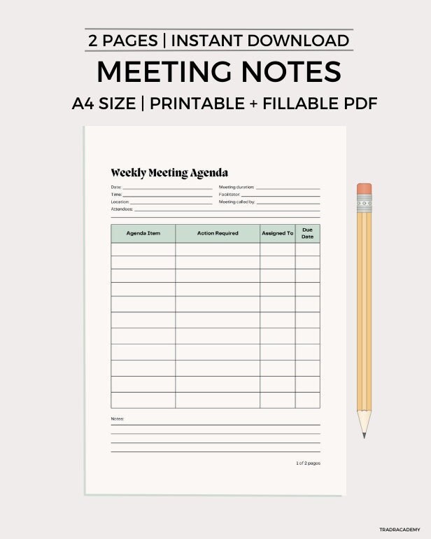 Meeting Notes Template Printable, Meeting Minutes, Meeting Agenda ...
