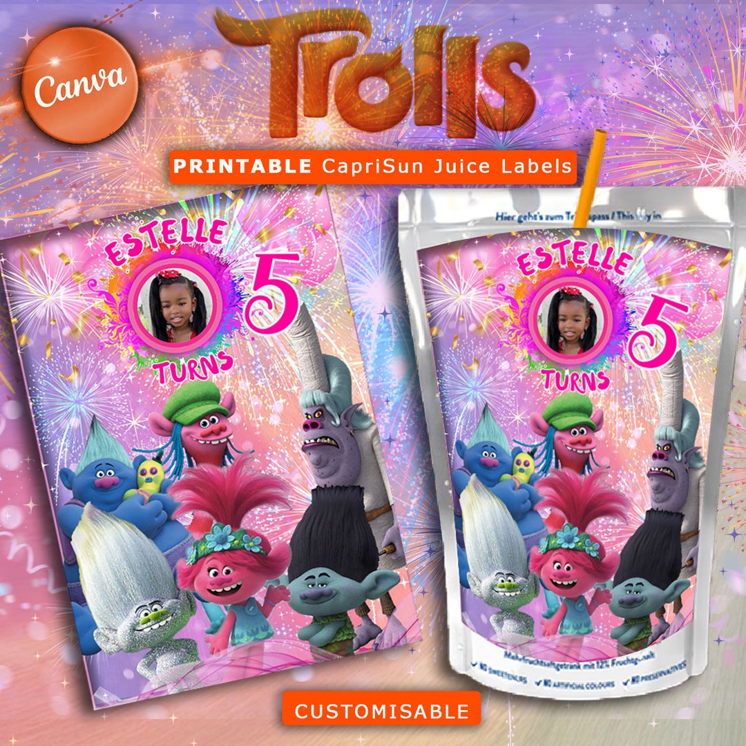 Trolls Birthday Party Caprisun Juice Labels, Pink Trolls Birthday Juice ...
