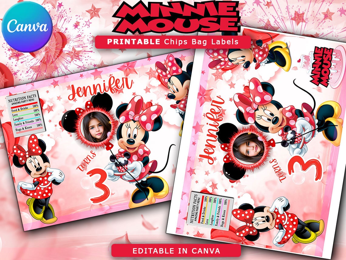 Minnie Mouse Chip Bag Label, Red Minnie Mouse Birthday Labels, Red ...