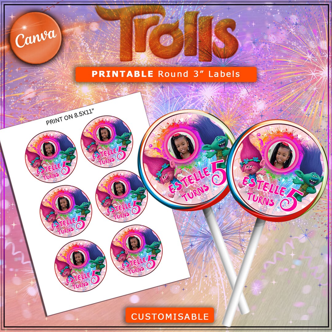 Lollipop Trolls Labels, Trolls Party, Only DIGITAL DOWNLOAD for Round 3 ...