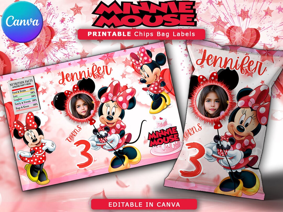 Minnie Mouse Chip Bag Label, Red Minnie Mouse Birthday Labels, Red ...