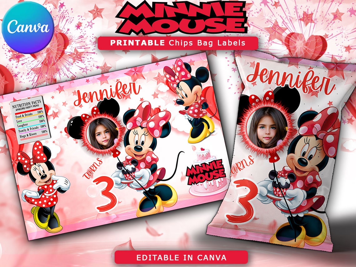 Minnie Mouse Chip Bag Label, Red Minnie Mouse Birthday Labels, Red ...