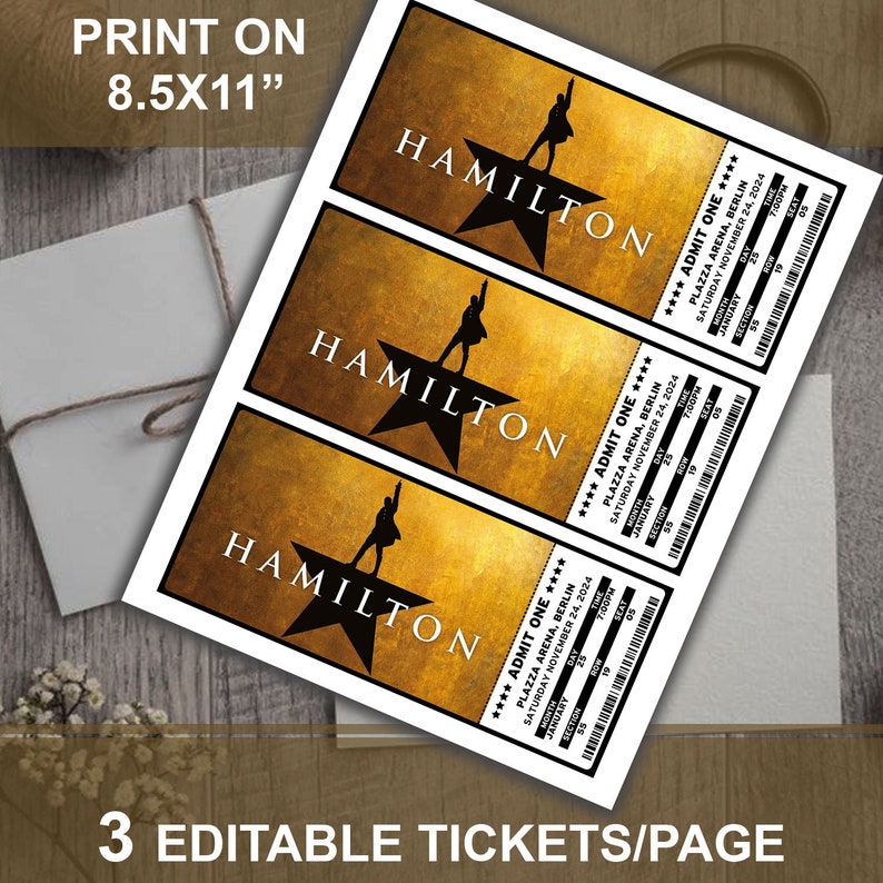 Printable HAMILTON Broadway Surprise Ticket Printable Broadway Gift Ticket Canva Editable ...