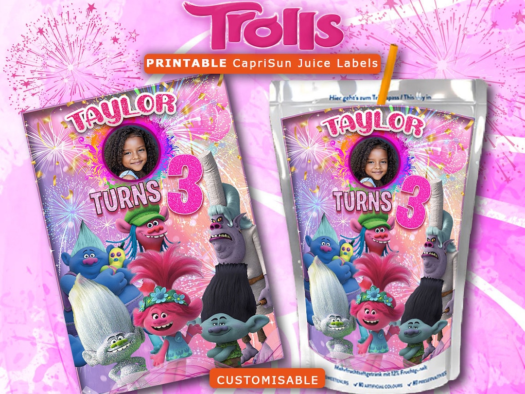 Trolls Juice Pouch Labels, Trolls Party Supplies, Trolls Personalized ...