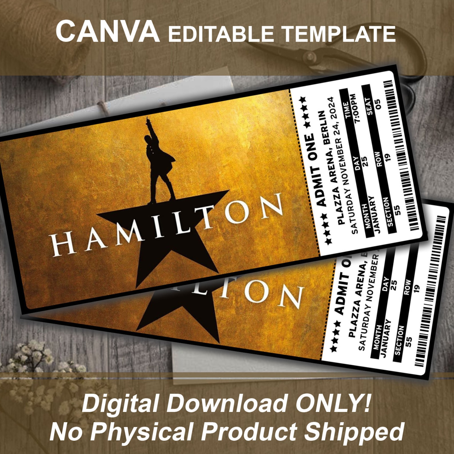 Printable HAMILTON Broadway Surprise Ticket Printable Broadway Gift Ticket Canva Editable ...