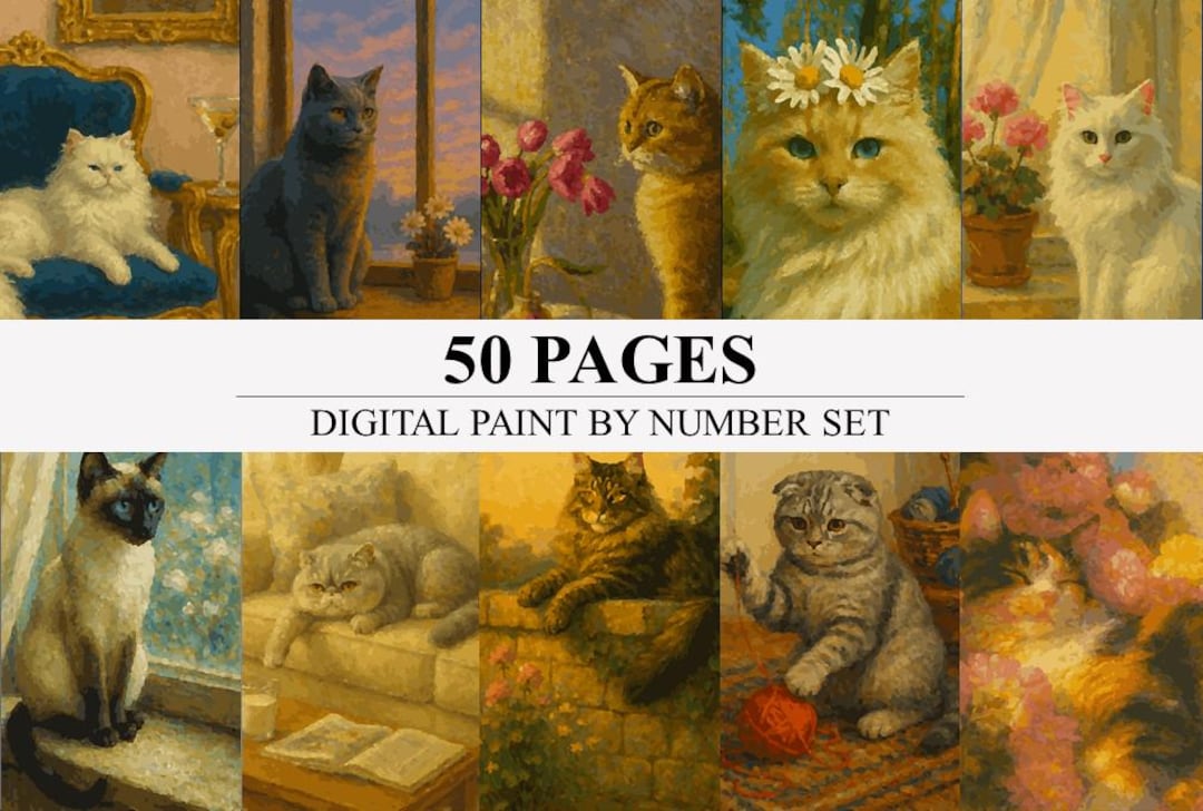 50 Cats – Paint by Number Bundle | Digital Coloring Pages for Adults ...