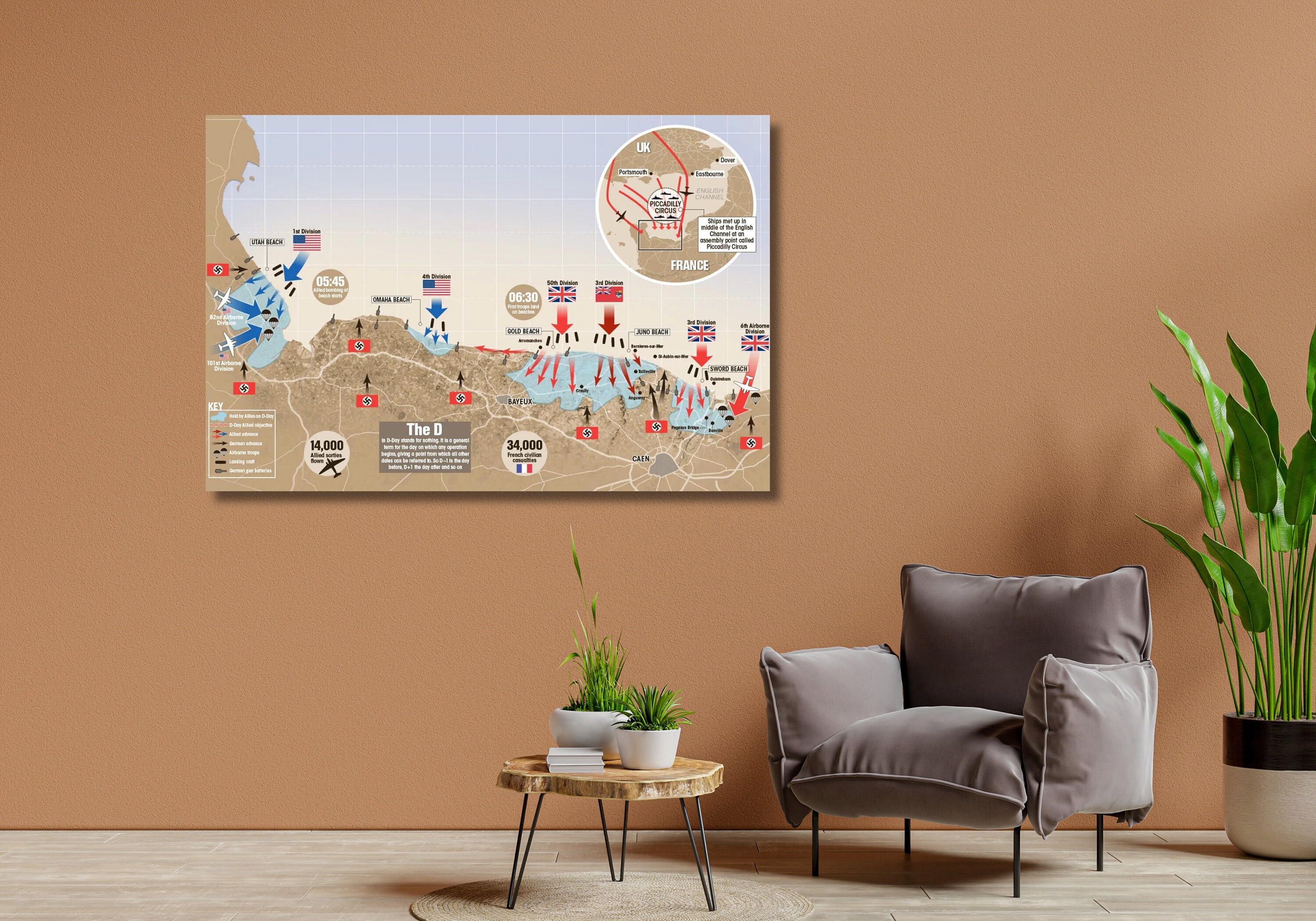 Map of D-day Normandy Canvas Poster, Collectables World War II Wall Art ...