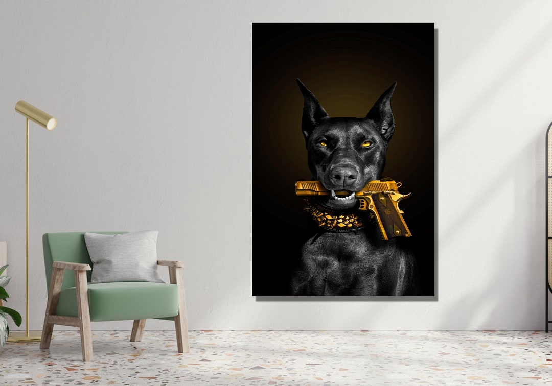 Hypebeast Modern Doberman Golden Gun Canvas Wall Art Design,poster ...