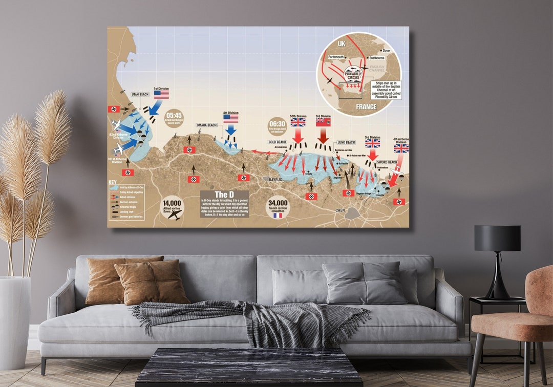 Map of D-day Normandy Canvas Wall Art, WWII Poster Print, Home & Office ...