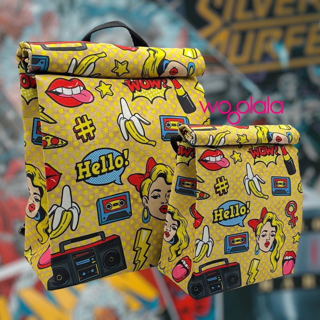 Quirky Retro Pop Art Comic Backpack and Sling Crossbody Bag for Man ...