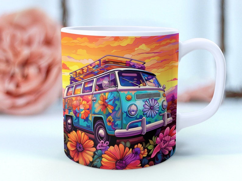 VW Bus Mug Wrap, Sublimation Designs, Psychedelic Art, Flowers ...