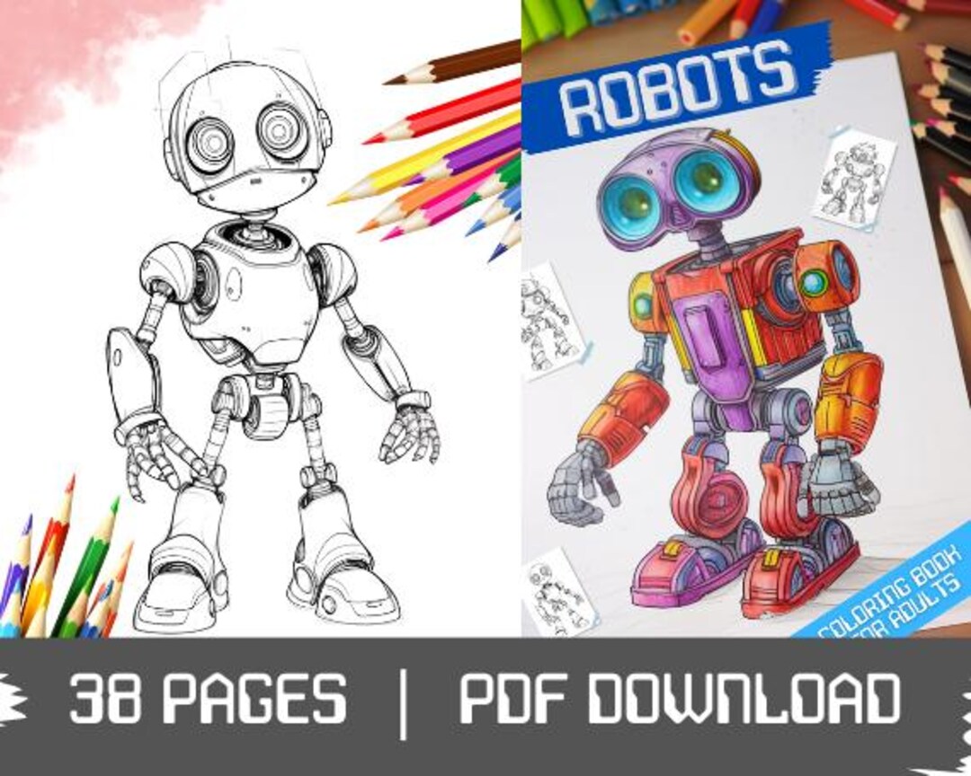 Robot Coloring Book, Printable Art, Kids Coloring Book, Digital Art ...