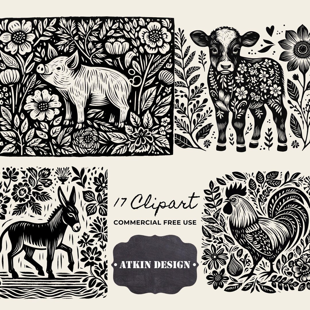Linoprint Farmlife Cliparts - Black & White Farm Animal Illustration ...