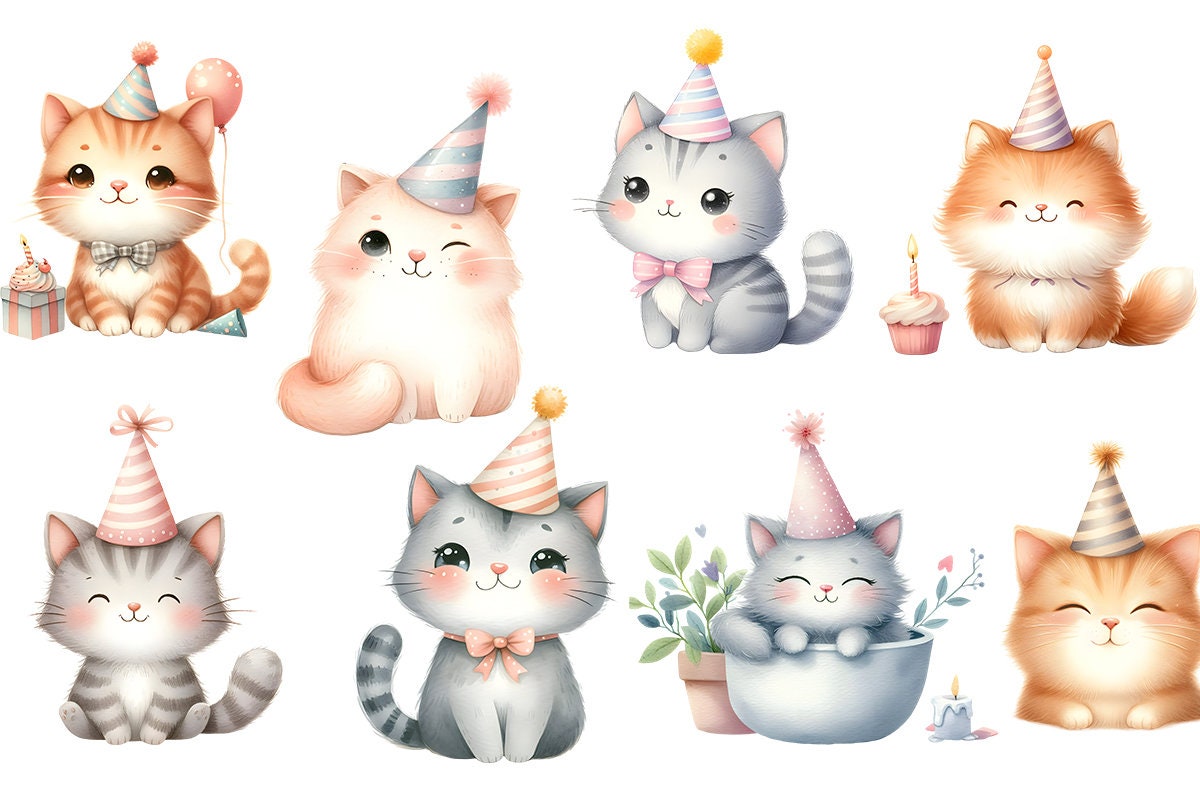 35 Birthday Cats Watercolor Cat Clipart Cute Party Cat Illustration for ...