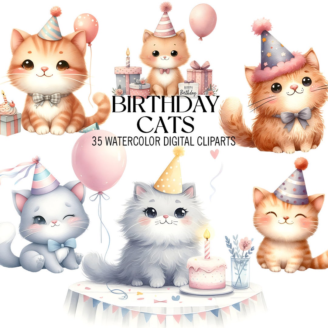 35 Birthday Cats Watercolor Cat Clipart Cute Party Cat Illustration for ...