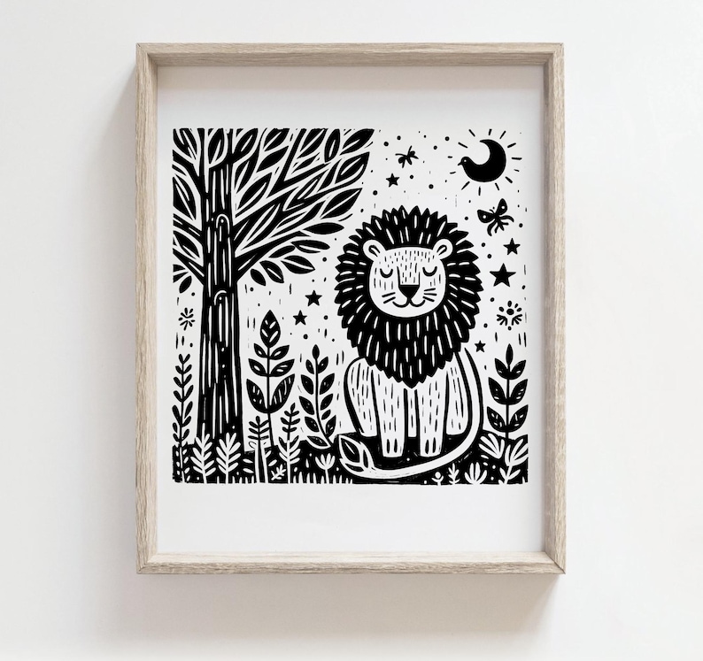 Poster Size Linoprint Cute Lion - Woodland Lino Style Illustrations ...
