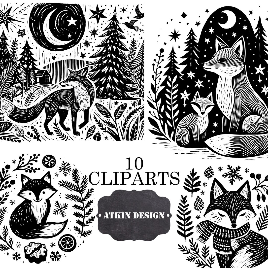 Poster Linoprint Fox Illustration - Fox Linoart Stamp Design - Black ...