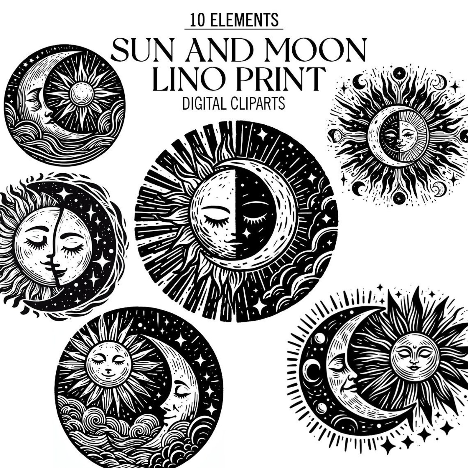Sun and Moon Lino Print Cliparts: Celestial Illustrations (digital ...