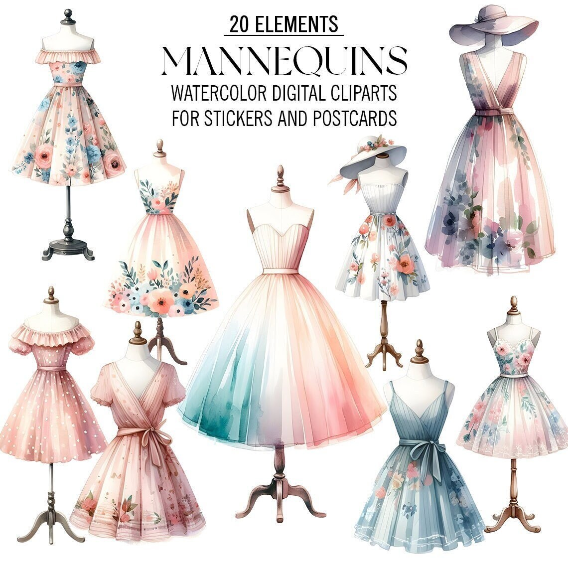 Mannequins Watercolor Dresses Clipart Fashion Style Illustration for ...