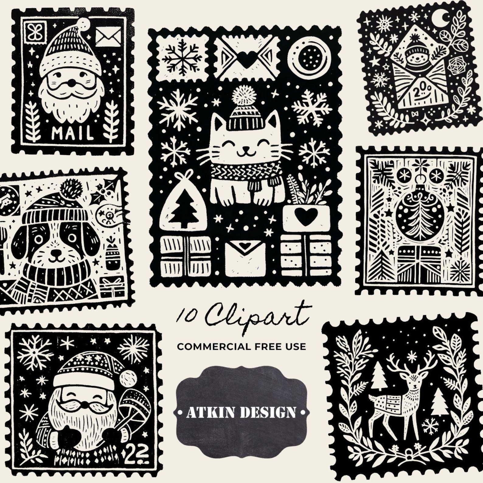 Linoprint Christmas Stamp Cliparts - Black & White Christmas ...