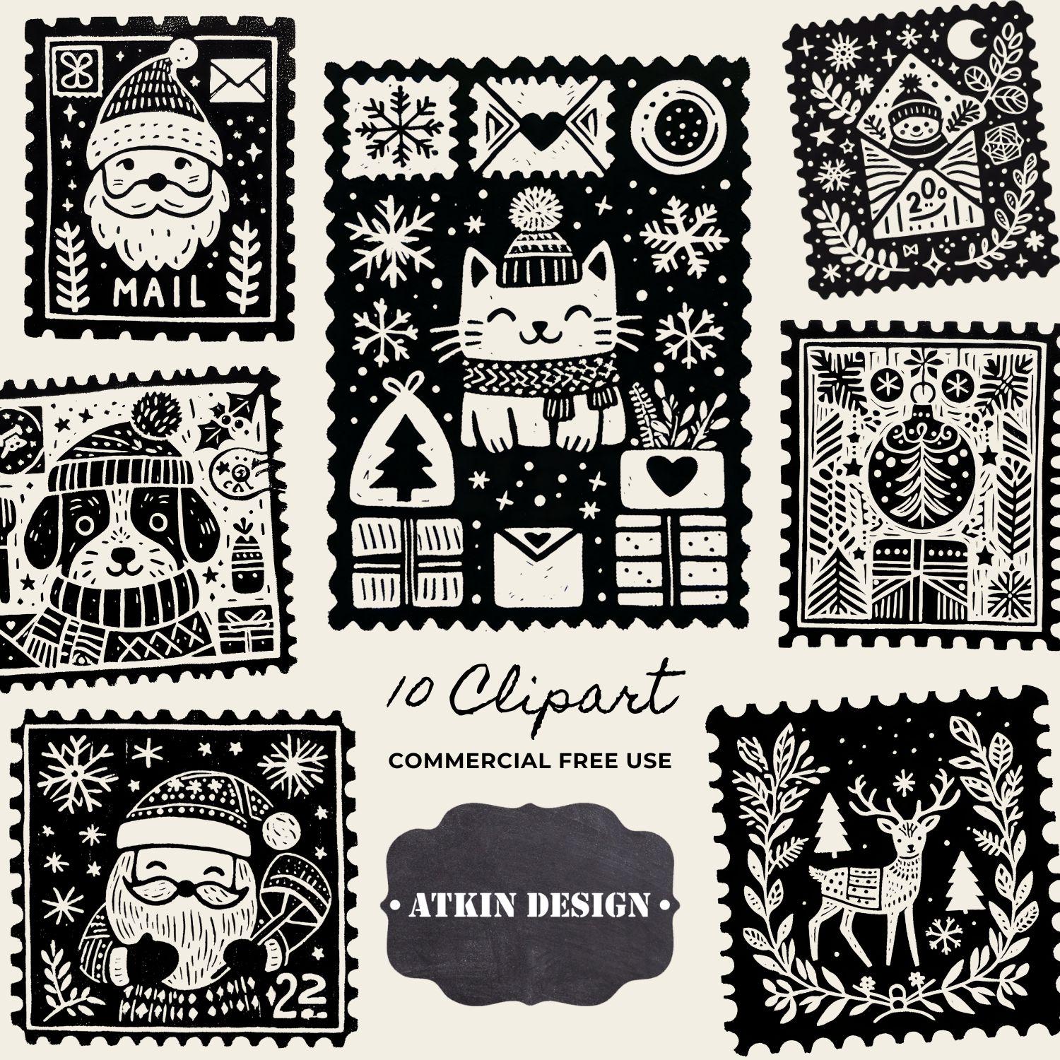 Linoprint Christmas Stamp Cliparts - Black & White Christmas ...