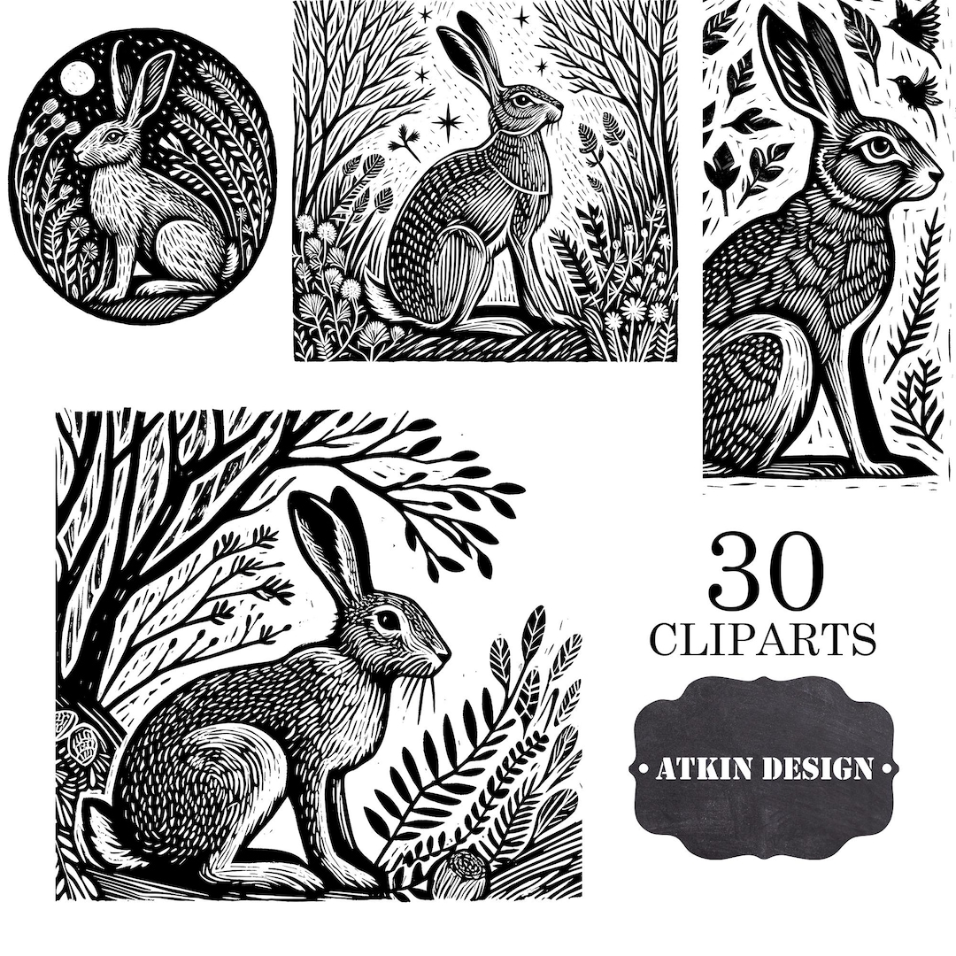 Woodland Hare Lino Print: Black and White Rabbit Illustrations (30 ...
