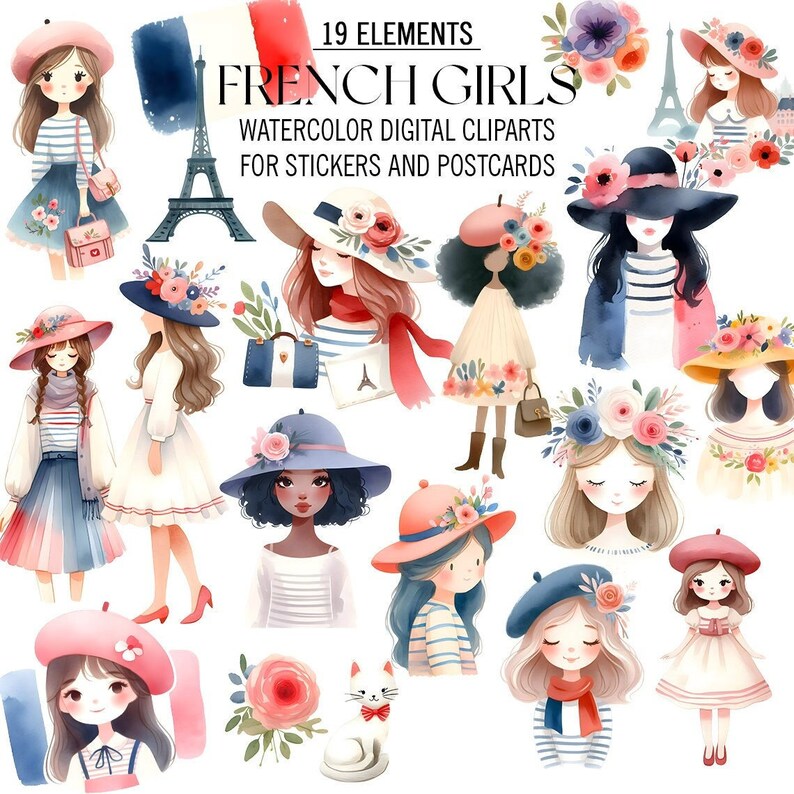 French Girls Cliparts Watercolor Illustrations Eiffel Tower Watercolor ...