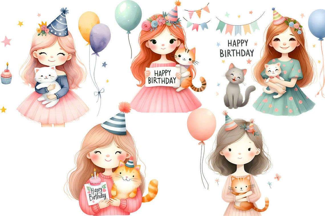 Birthday Girl Digital Clipart Happy Birthday Illustrations Watercolor ...