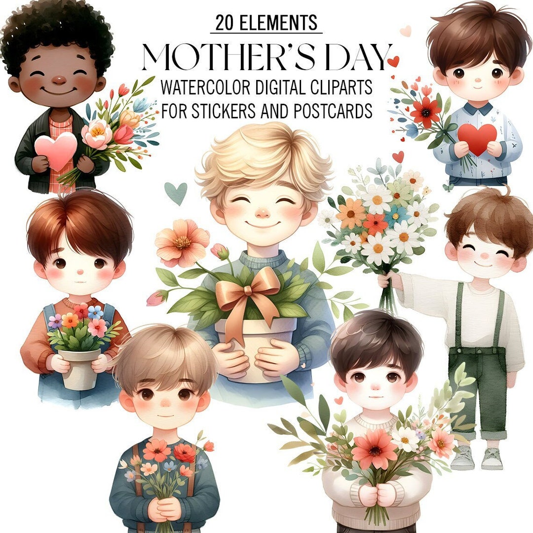 Watercolor Mother's Day Clipart Set 03 Boys With Flowers Illustrations ...