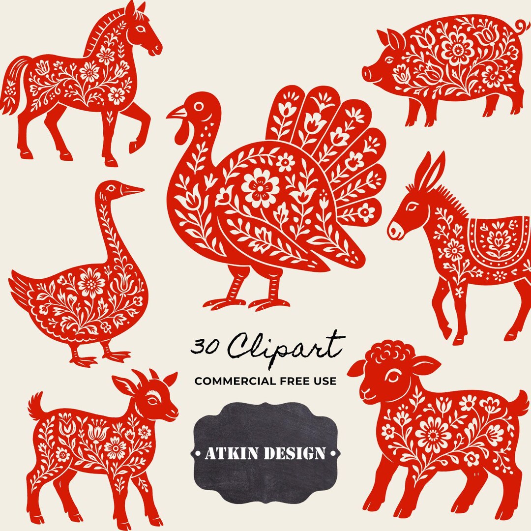 Folk Floral Farm Animals - Linoprint Floral Chicken, Rooster, Goose ...