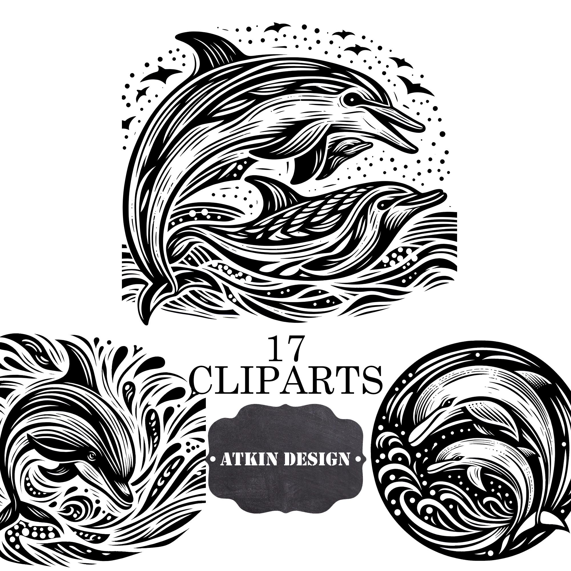 Linoprint Dolphin Clipart Collection: Black and White Stamp Art ...